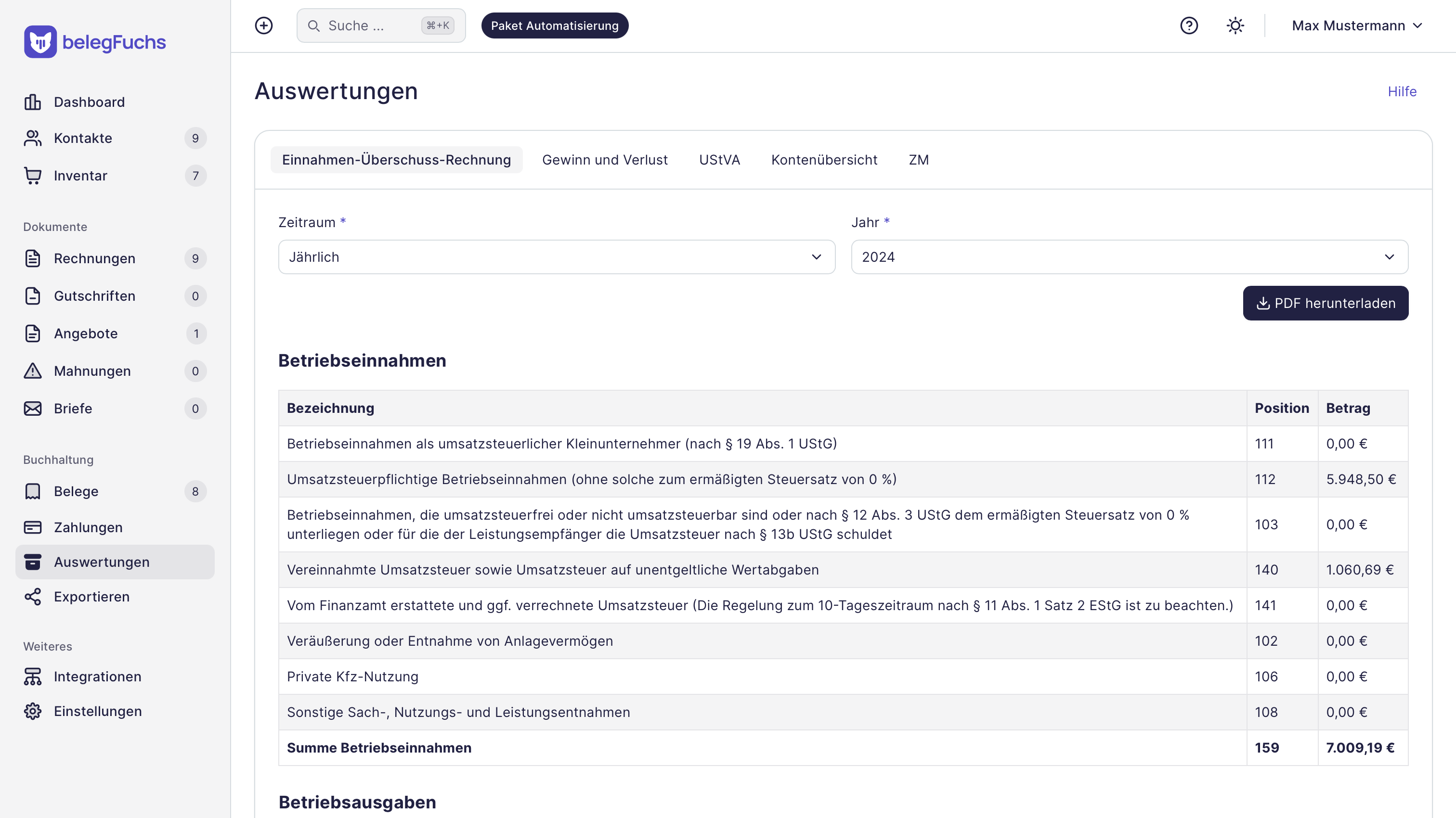 EÜR Software von belegFuchs, automatische EÜR Erstellung
