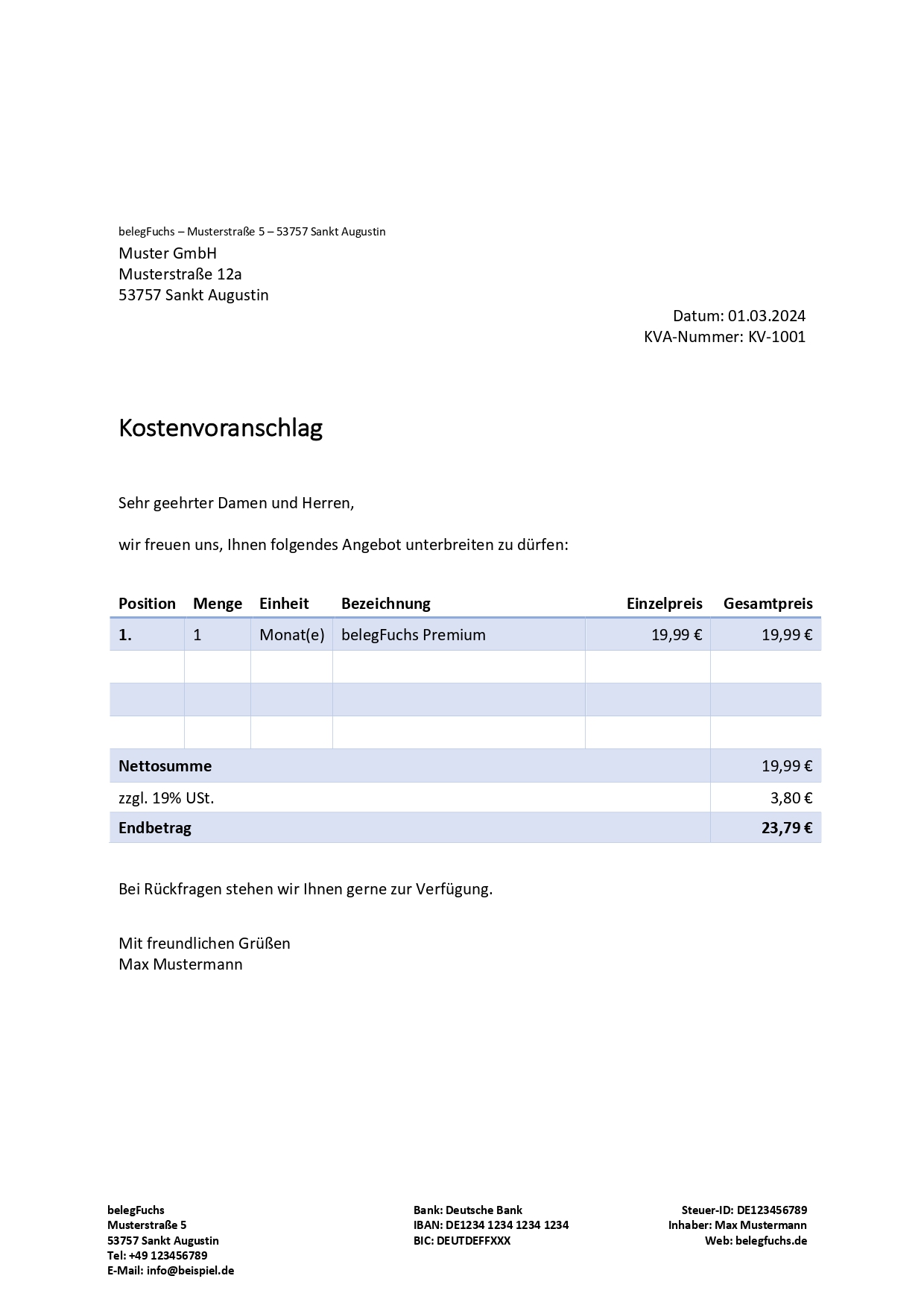 Kostenvoranschlag Auszahlen Lassen Abzuge