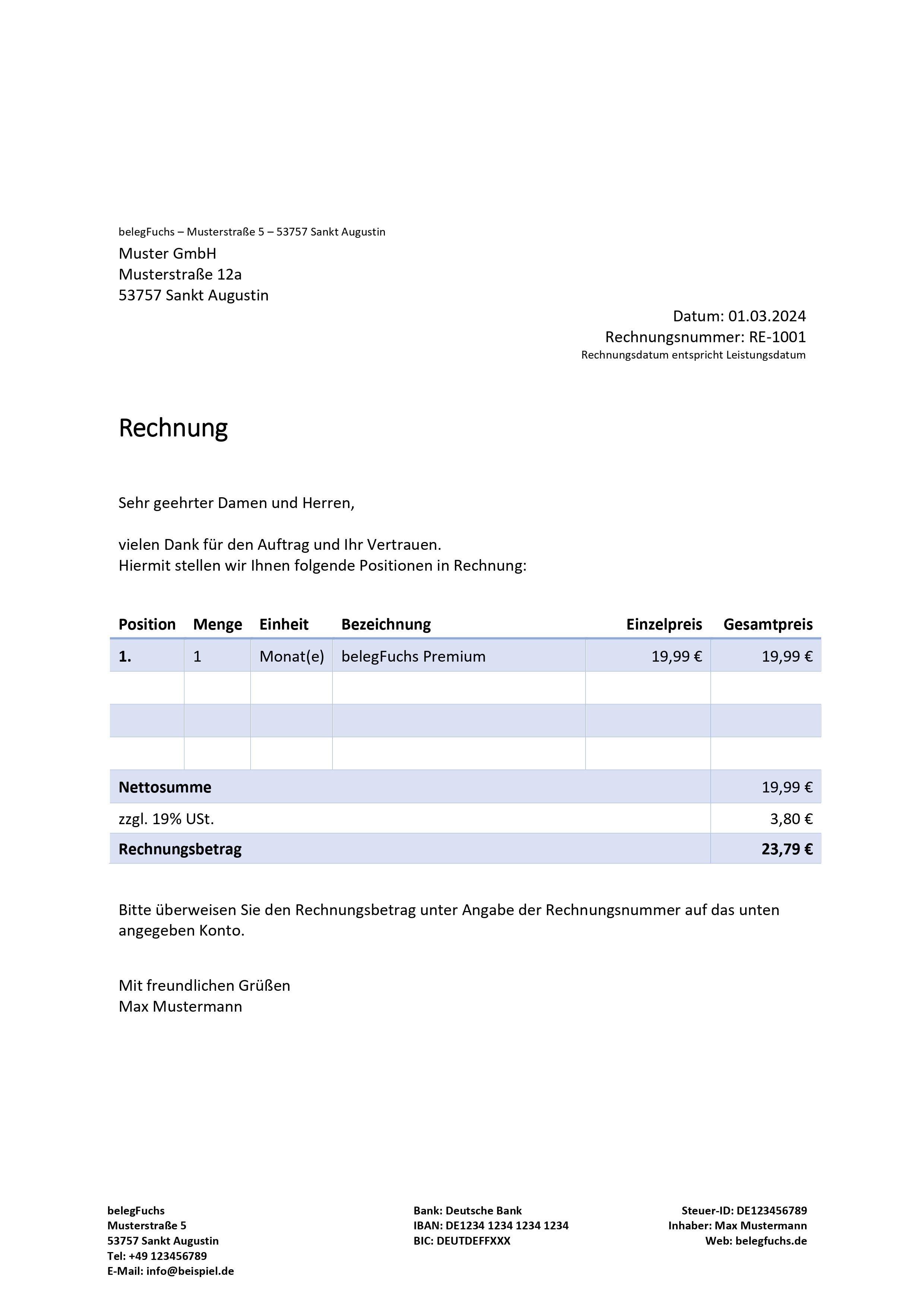 Rechnung Vorlage Schweiz Word
